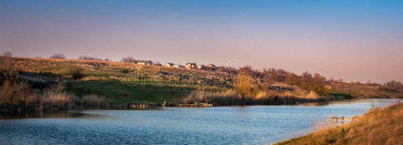 Countryside Panorama, Sunset Over the River Stock Image - Image of blue ...