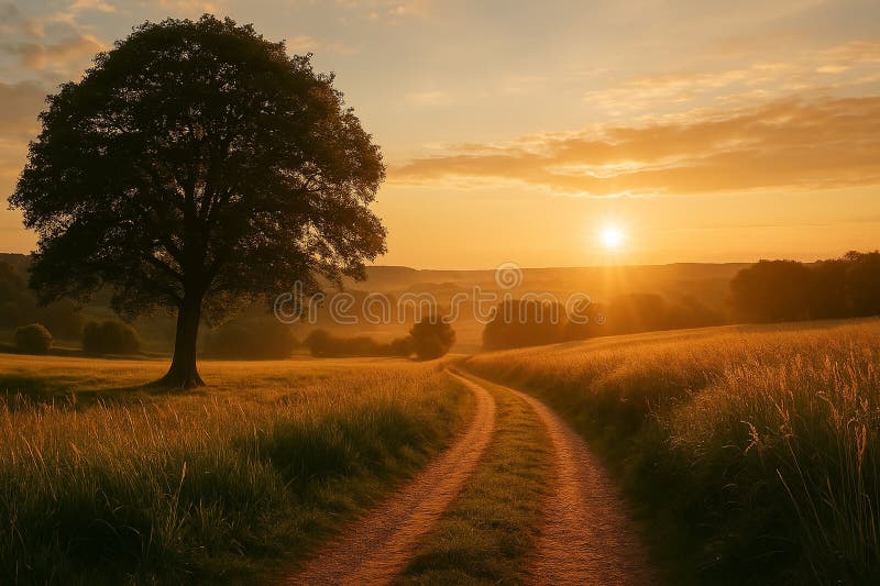 Countryside Path at Sunset with a Lone Tree. Stock Illustration ...