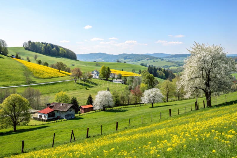 Countryside Scenery with Blue Sky in Spring Stock Illustration ...