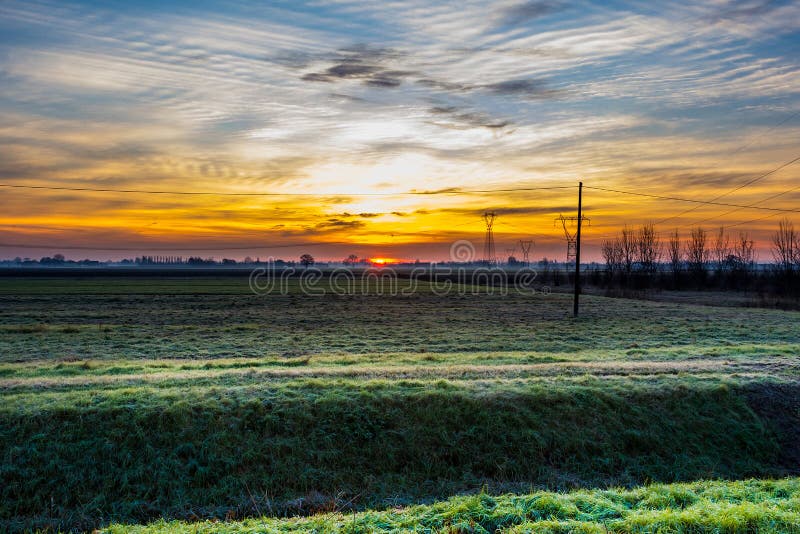Countryside at sunrise stock photo. Image of dusk, moody - 48695344