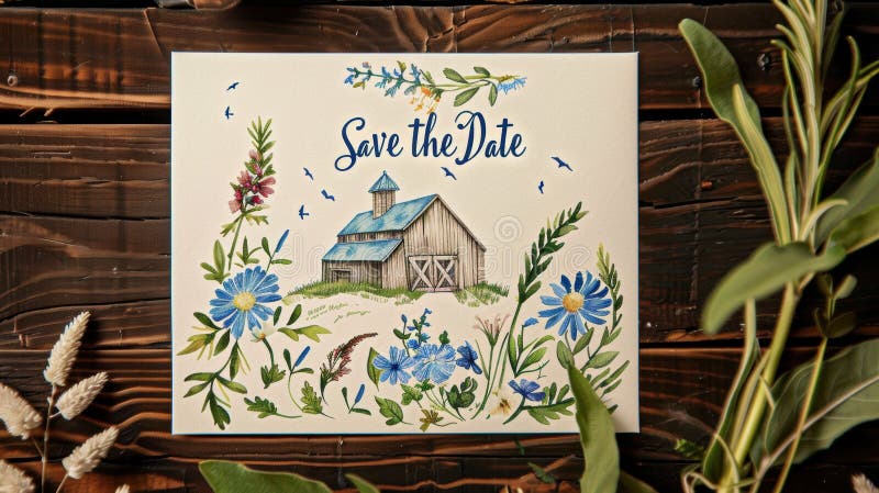 Countryside Wedding Save the Date Card with Barns and Wildflower ...