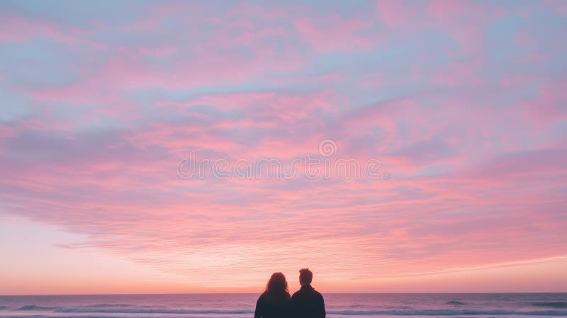 Couple Admiring Romantic Ocean Sunset Together at the Beach Stock Photo ...