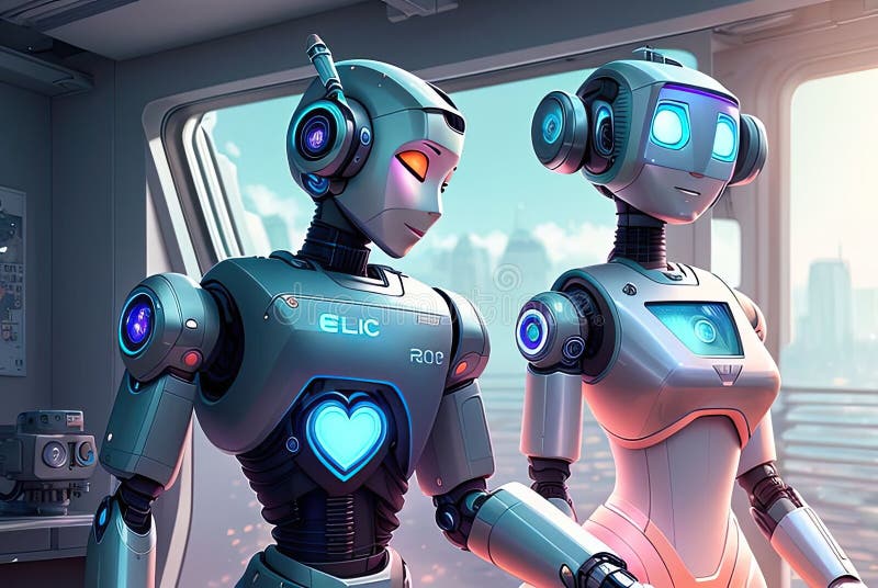 Couple of Antropomorphick Robots. Generative Ai Stock Illustration ...
