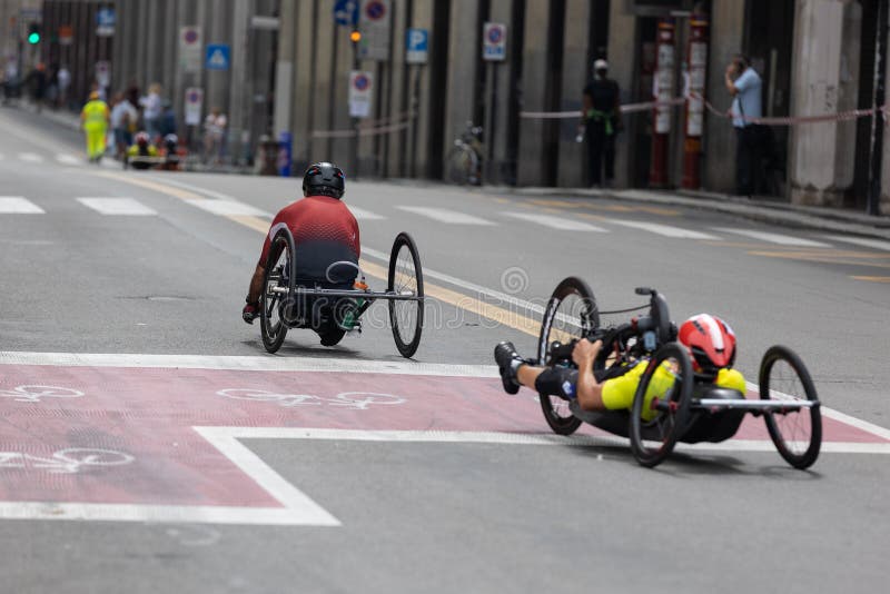Couple of Athletes Training with Their Special Bikes on a City Track ...