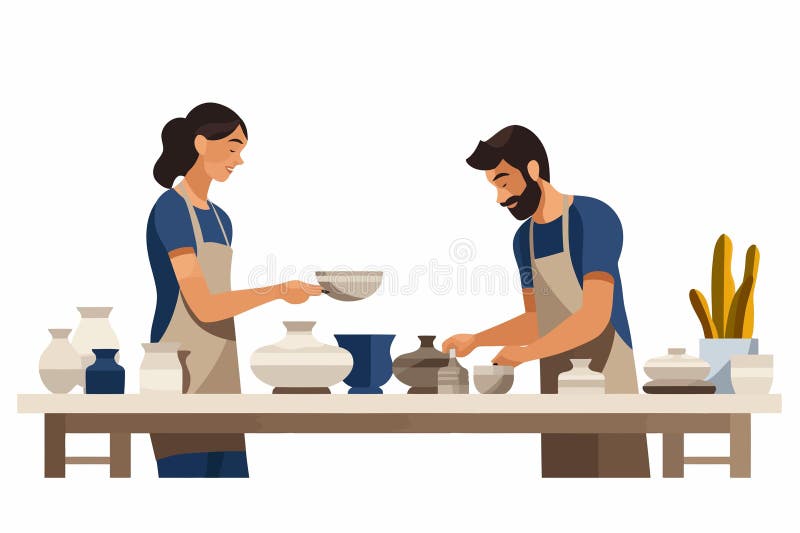 Couple Attending a Pottery Class in a Local Workshop Isolated Vector ...