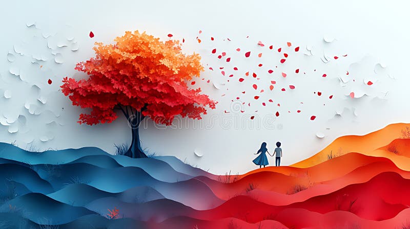 Couple Autumn Tree Paper Art Landscape Design Stock Illustration ...