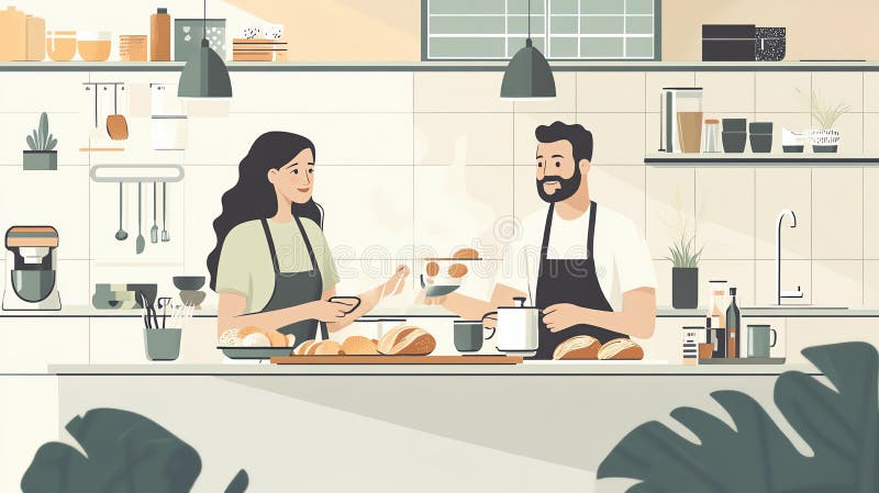 Couple Baking Bread in Kitchen Illustration Stock Photo - Image of ...
