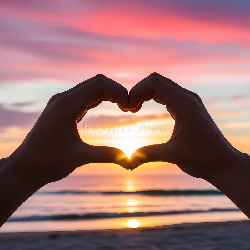 A Couple at the Beach, Creating a Heart Shape with Their Hands ...