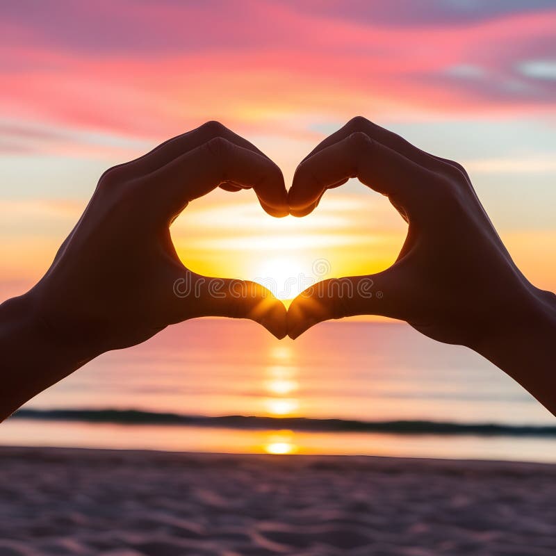 A Couple at the Beach, Creating a Heart Shape with Their Hands ...