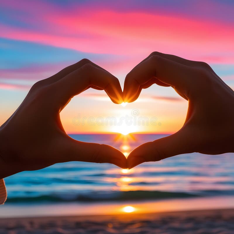 A Couple at the Beach, Creating a Heart Shape with Their Hands ...