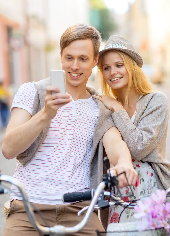 Couple With Bicycles In The City Stock Image Image Of Cheerful Life