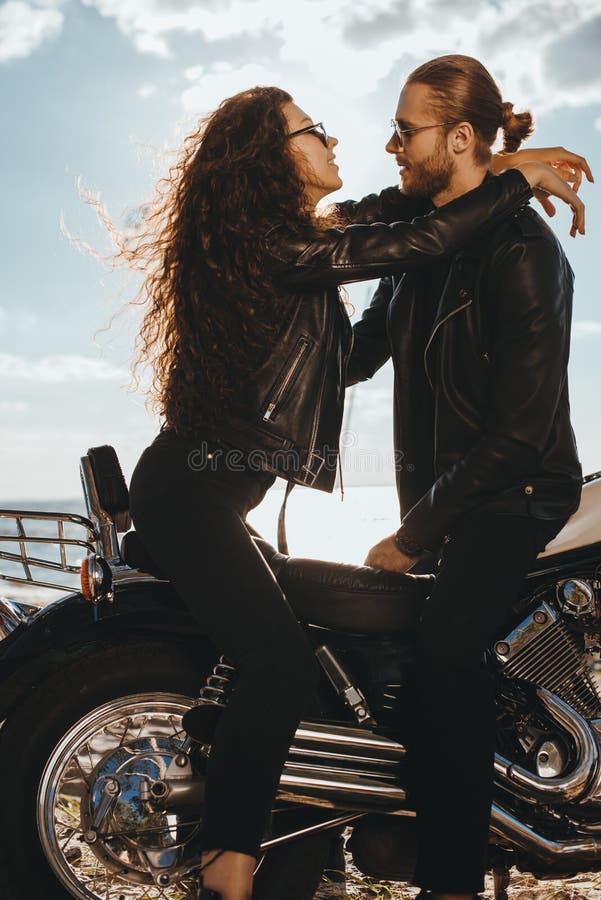 Couple of Bikers in Black Leather Jackets Hugging Stock Image - Image ...