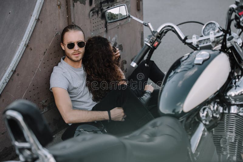 Couple of Bikers Hugging on Asphalt with Classical Stock Photo - Image ...