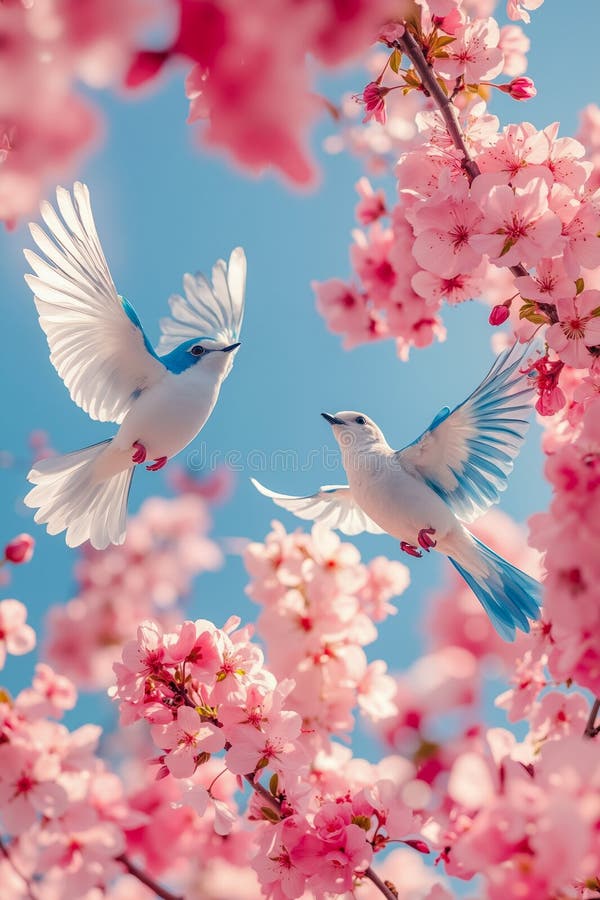 A Couple of Birds Flying through a Tree with Pink Flowers Stock Image ...