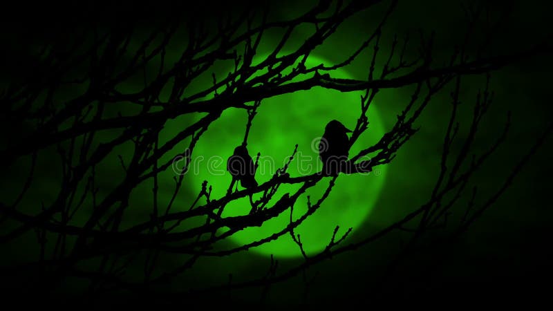 Birds Fly Off Tree with Spooky Green Moon Stock Video - Video of high ...