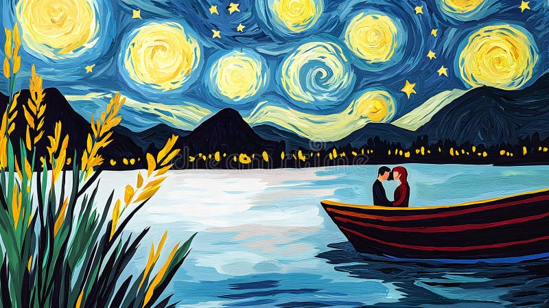 Couple in a Boat Under Starry Night Sky Stock Illustration ...