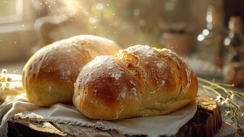 A Couple of Bread Sitting on Top of a Wooden Cutting Board Stock Photo ...