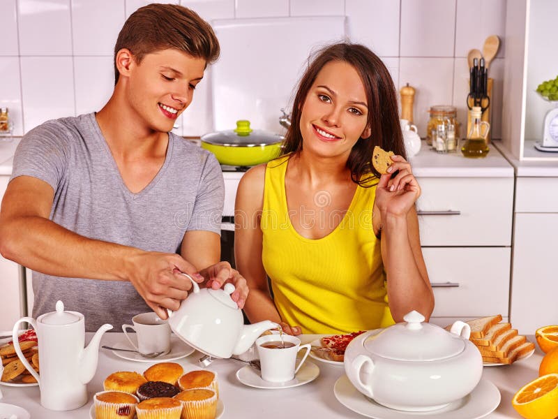 Couple Breakfast at Kitchen. Stock Photo - Image of female, cooking ...