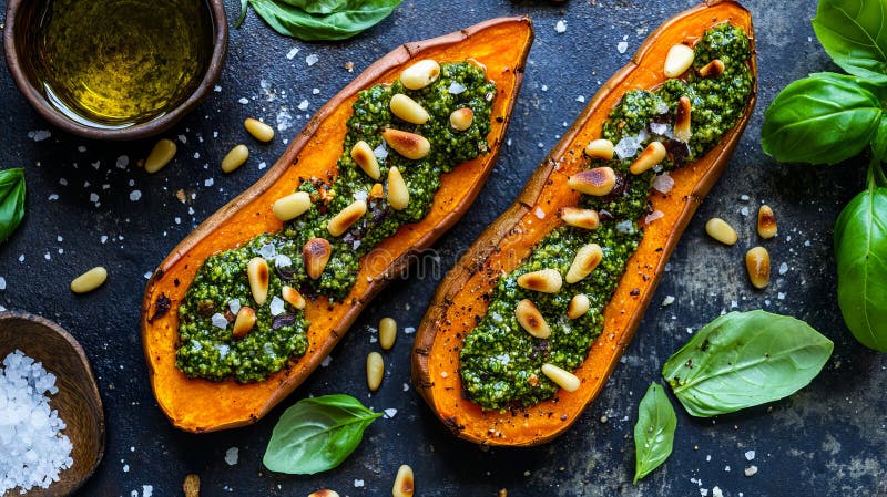 A Couple of Butternut Squash Halves Sitting on Top of a Table Stock ...