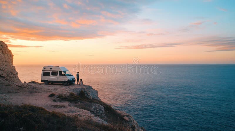 Couple and Camper Van Overlooking the Ocean at Sunset Stock ...
