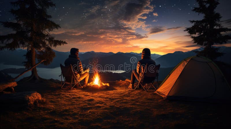 Couple Camping Under the Stars with a Cozy Campfire. Stock Image ...