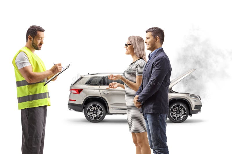 Roadside Car Mechanic Holding a Tool Box and Looking at a SUV with an ...