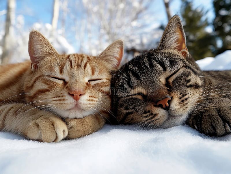 A Couple of Cats Laying in the Snow Together Stock Photo - Image of ...