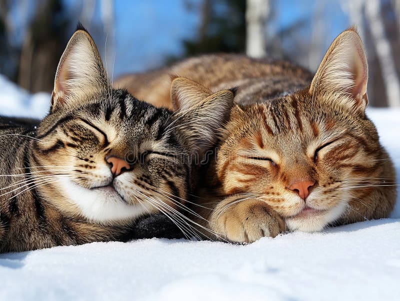 A Couple of Cats Laying in the Snow Together Stock Photo - Image of ...