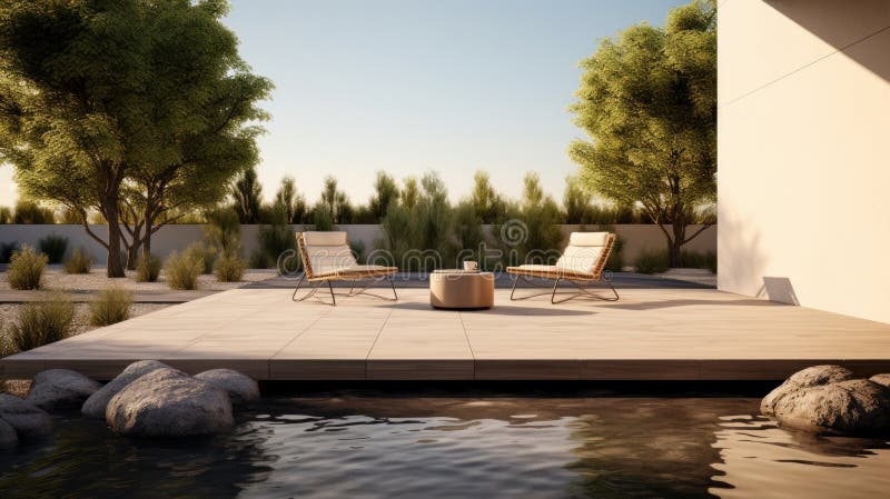 A Couple of Chairs Sitting on Top of a Wooden Platform Stock ...