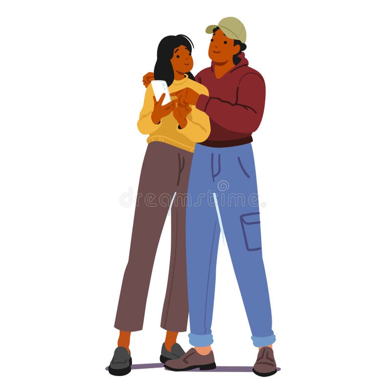 Couple Characters Check Their Smartphone Screen Together, Practicing ...