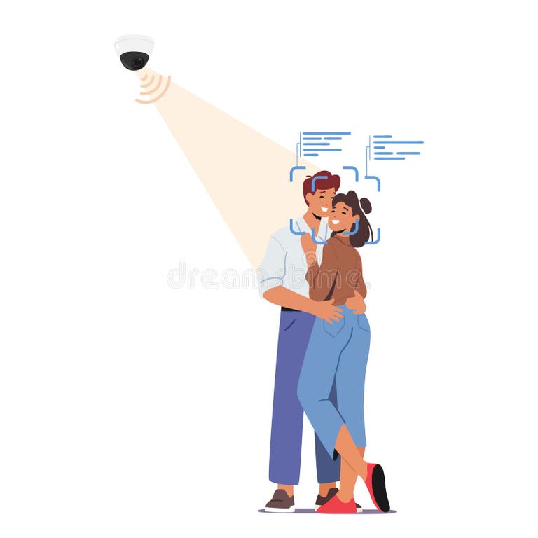 Couple Characters Embracing Monitored Under Surveillance Cameras Face ...
