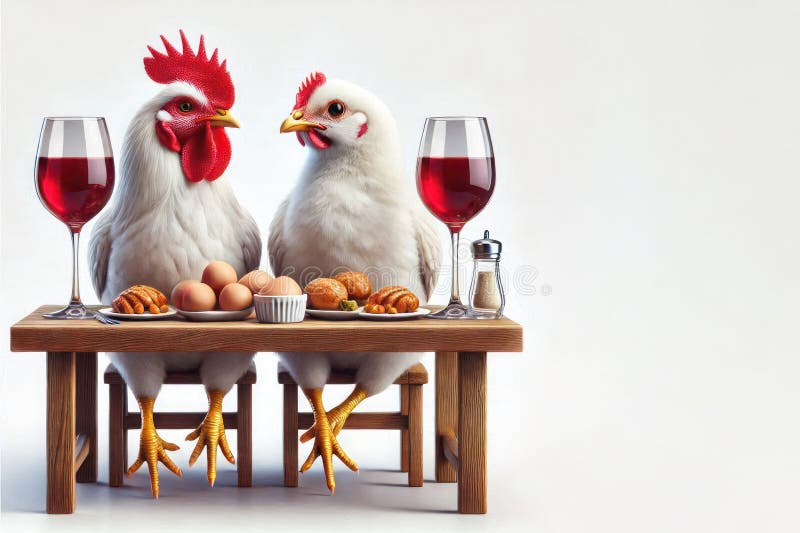 A Couple of Chickens at the Dining Table with Glasses of Wine. Space ...