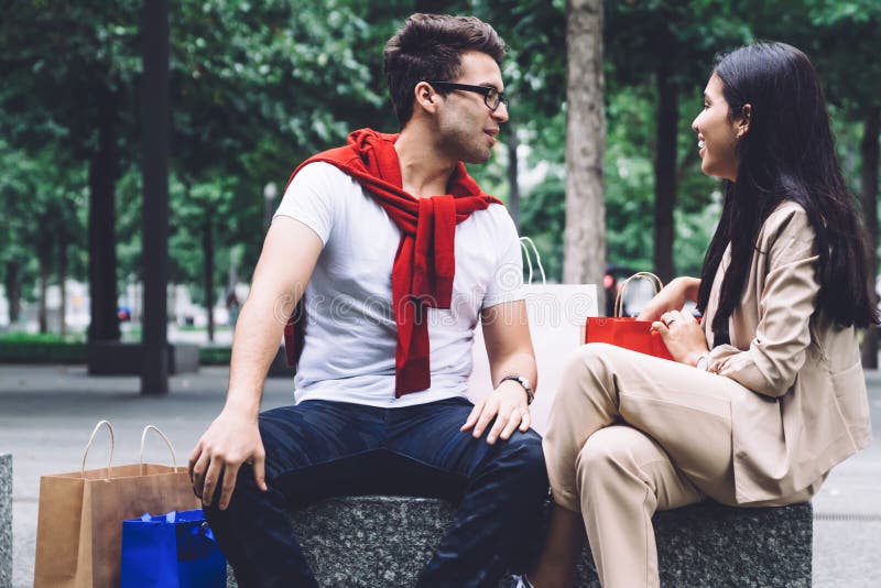 Couple Chilling on Bench after Shopping Stock Photo - Image of bags ...