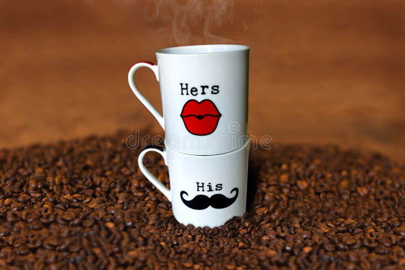 Couple Coffee Cups Stoking Mugs On Wooden Background Stock Photo ... Couple Coffee Cups Stoking Mugs On Wooden Background Stock Photo ...