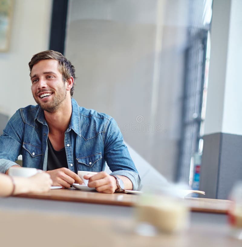 Couple, Coffee Shop and Man with Tea for Bonding, Speaking and ...