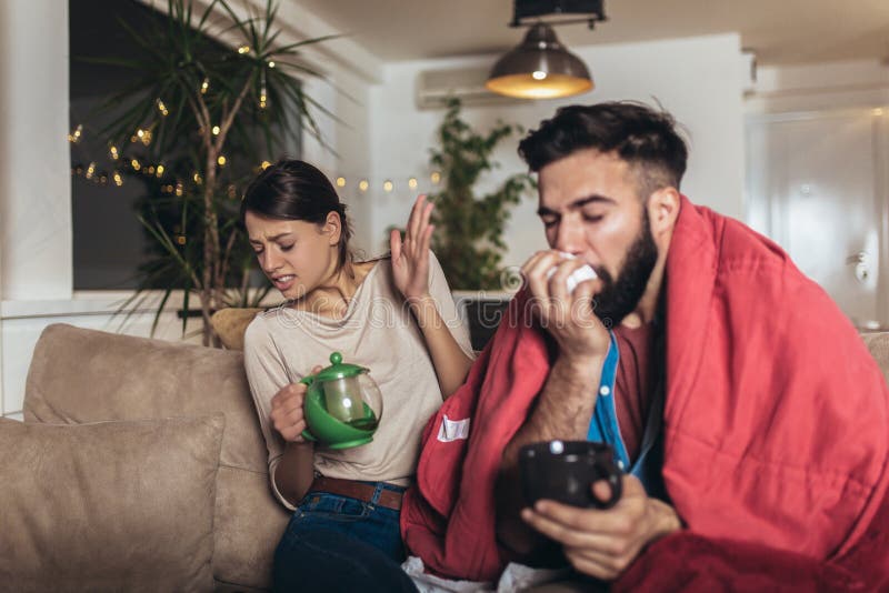 Couple with Cold in Bed at Home Together Stock Image - Image of health ...