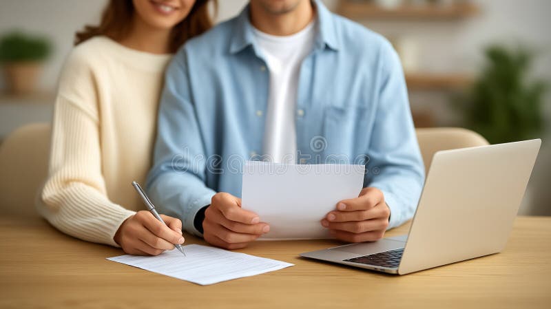Couple Collaborating on Budget Planning at Kitchen Table with Laptop ...