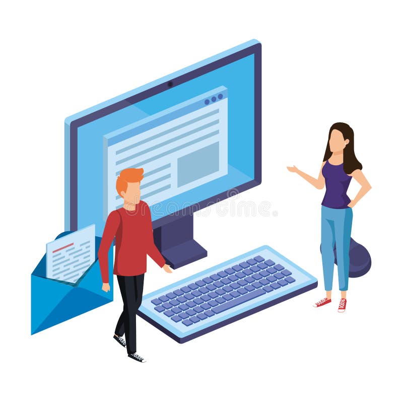 Couple with Computer Desktop and Envelope Stock Illustration ...