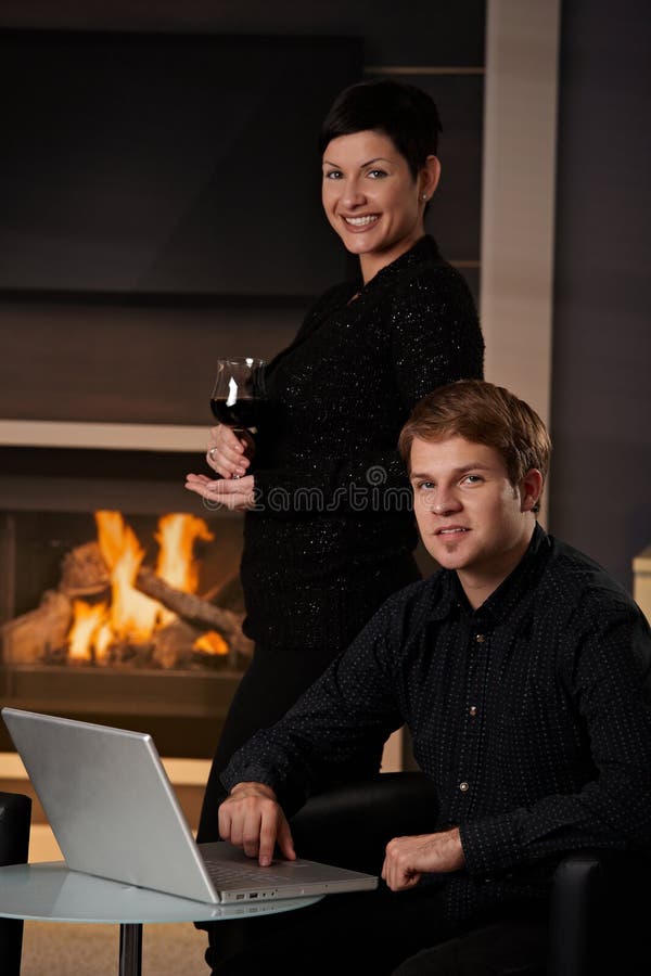 Couple with Computer at Home Stock Image - Image of american, computer ...