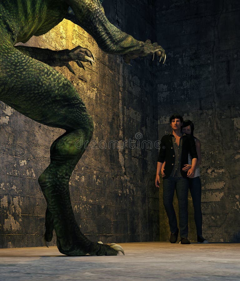 Couple confront a monster stock illustration. Illustration of monster3d ...