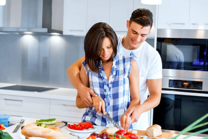 Couple Cooking Together at Home Stock Image - Image of healthy, husband ...