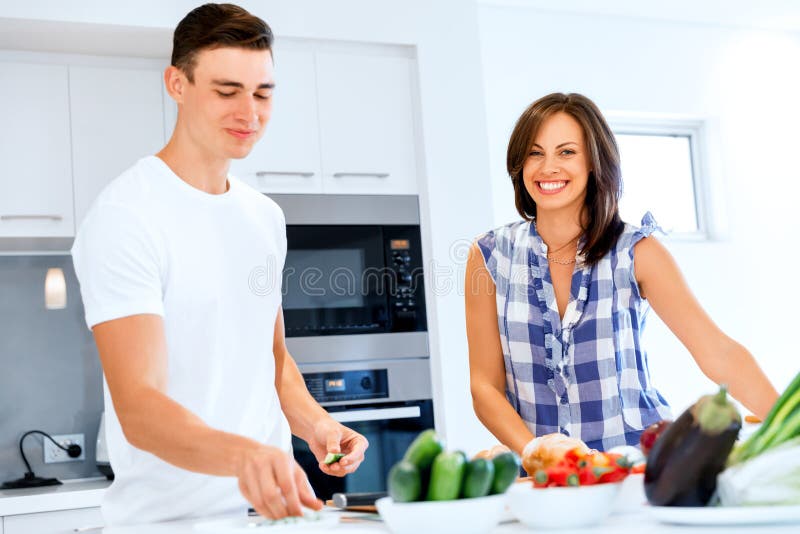 Couple Cooking Together at Home Stock Image - Image of male, healthy ...