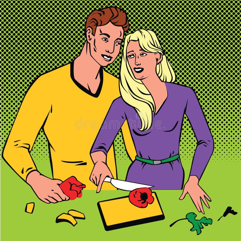 Couple Cooking Together Pop Art Comics Retro Style with Halftone Stock ...
