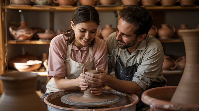 Couple Creating Pottery Together in Clay Studio Workshop Stock ...