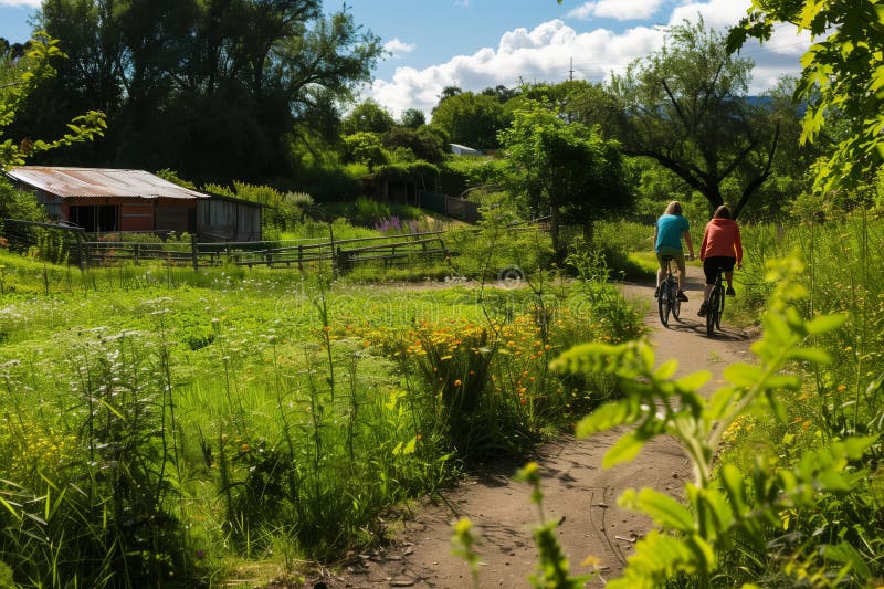 Couple Cycling on a Path through a Sustainable Farm Stock Photo - Image ...