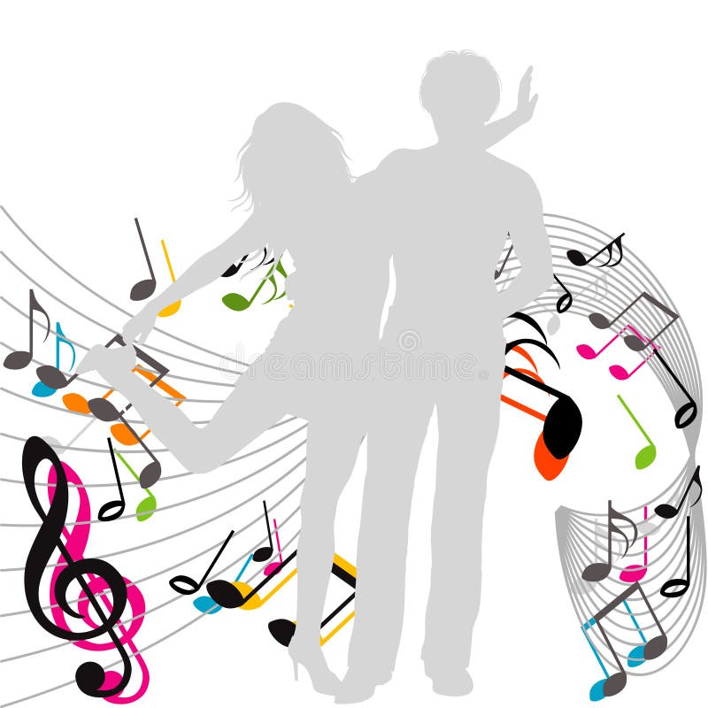 Abstract Music Note with Silhouettes of Kids Dancing Stock Vector ...