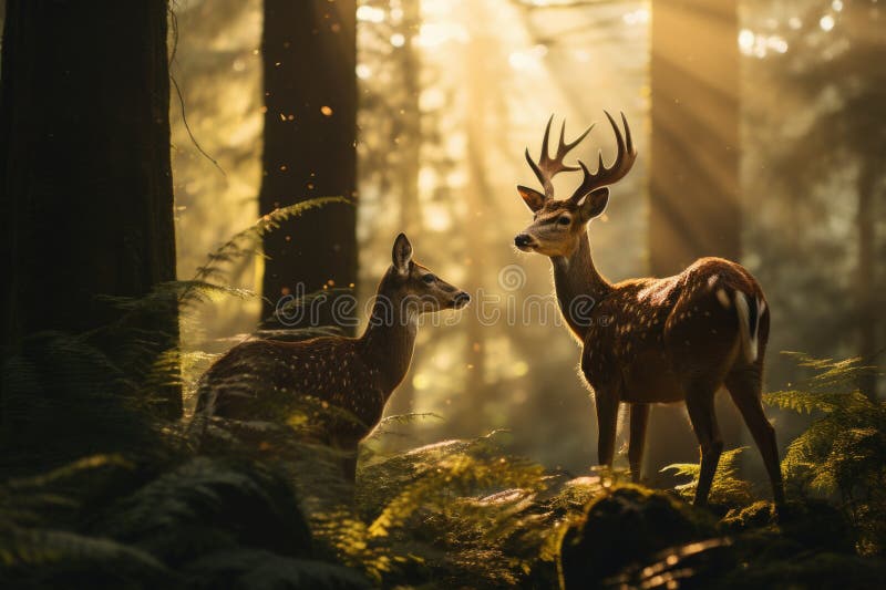 A Couple of Deer Standing Next To Each Other in a Forest Stock Image ...