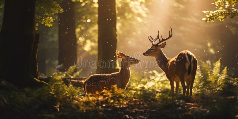 A Couple of Deer Standing Next To Each Other in a Forest Stock Image ...