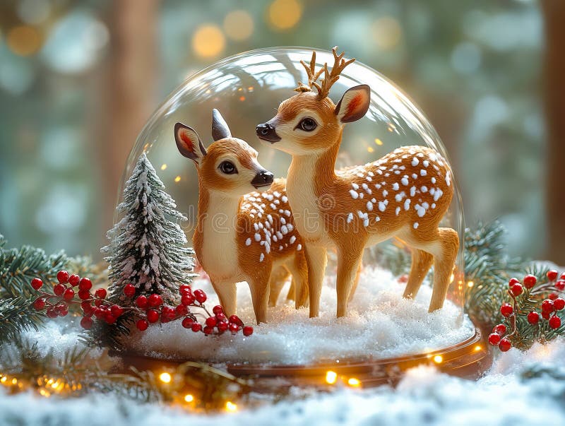 A Couple of Deer Standing Next To Each Other Under a Snow Globe Stock ...