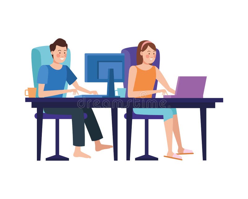 Couple in Desktop Working Characters Stock Vector - Illustration of ...